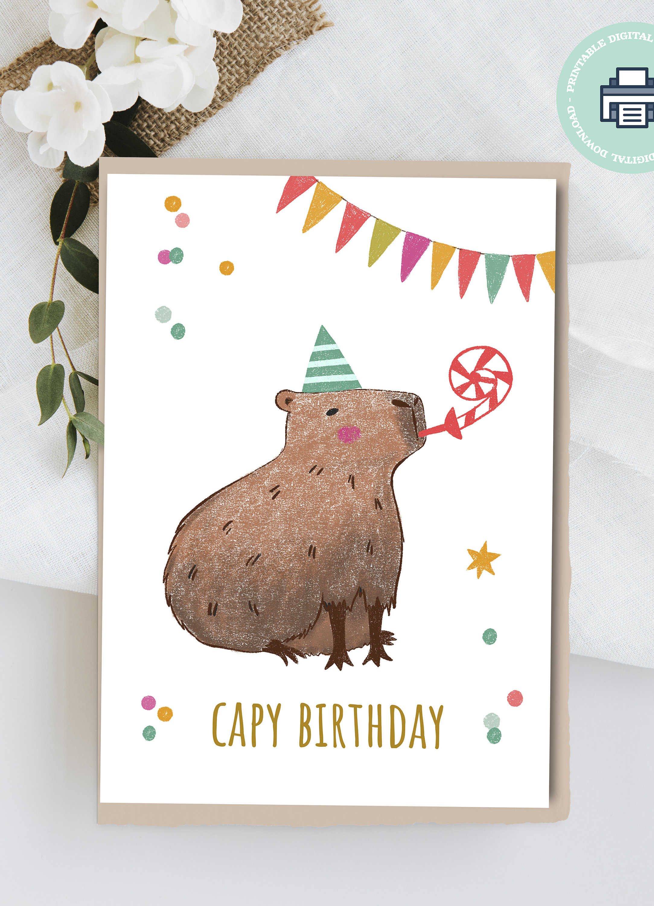 Capybara Printable Birthday Greeting Card, Digital Download, Print at ...