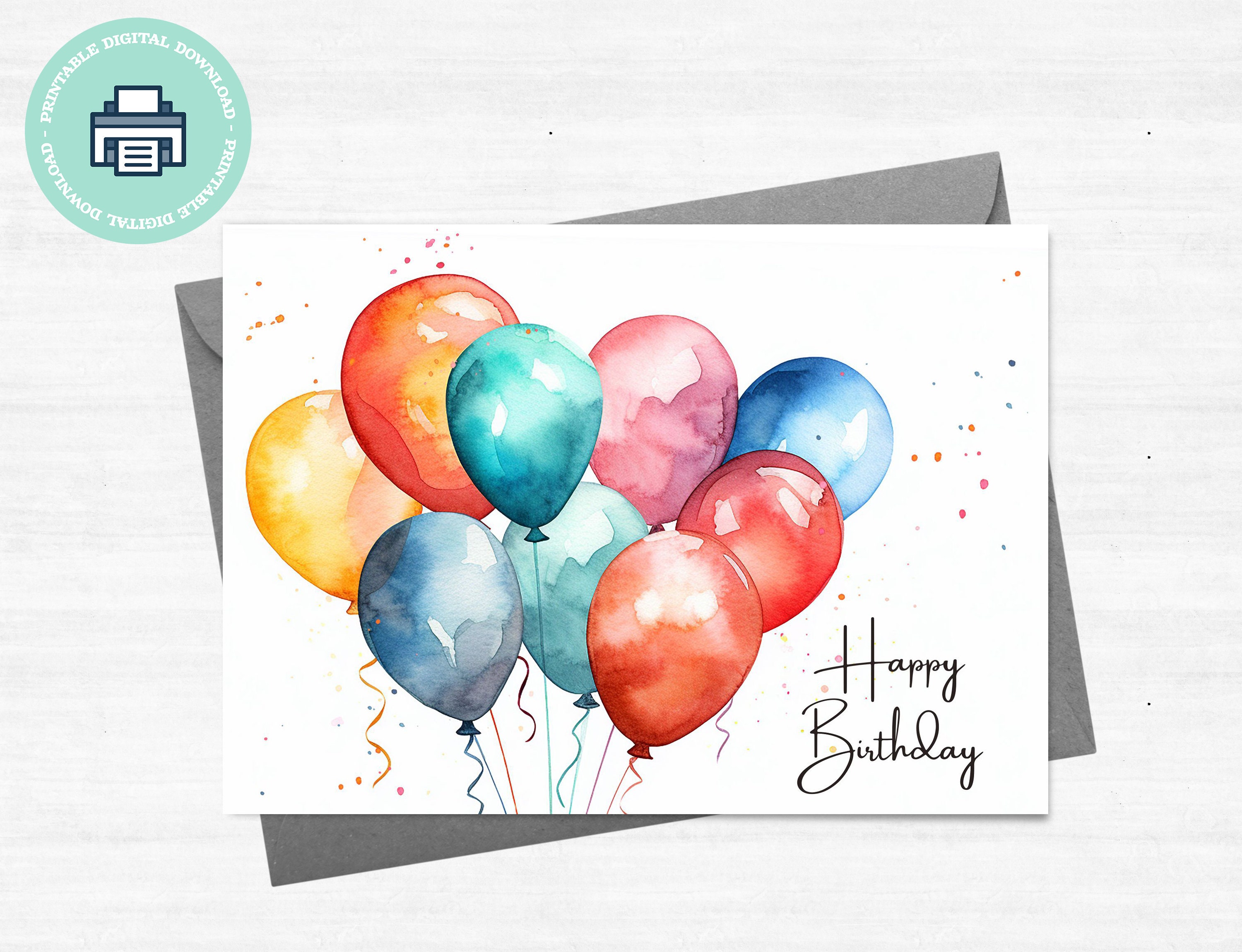 Printable Greeting Card Happy Birthday With Balloons Watercolor ...