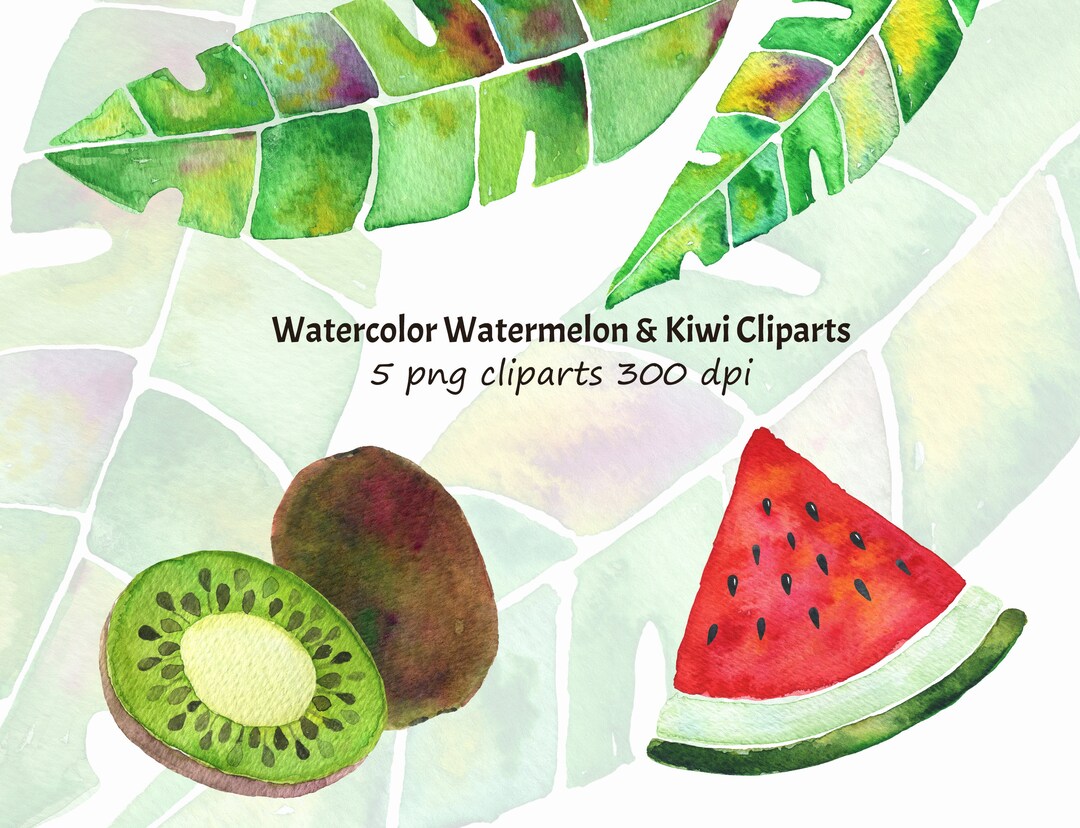 Watercolor Bright Tropical Cliparts, Watermelon, Kiwi and Palm Leaves ...
