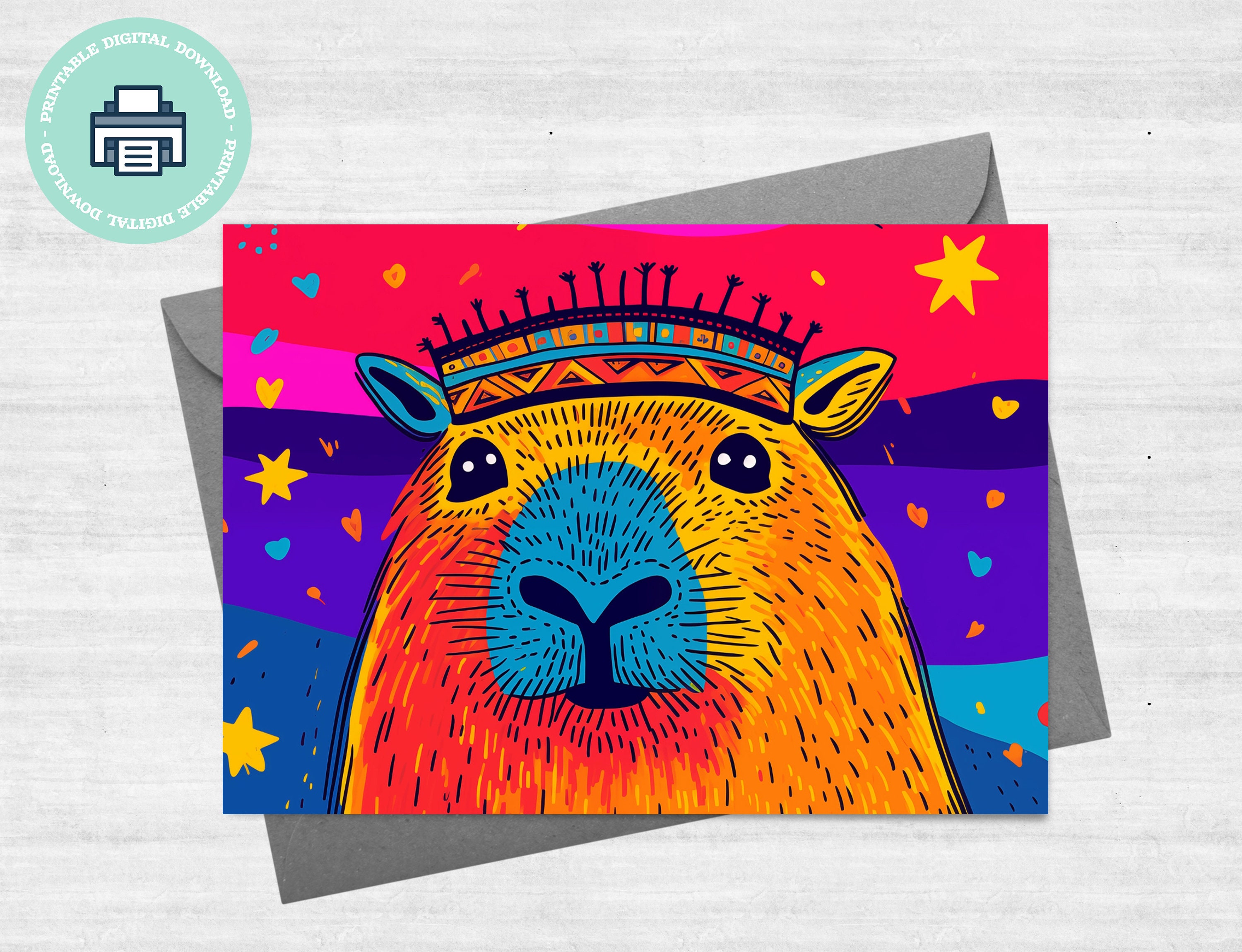 Capybara Great Greeting Card, Modern Style, Colored, Instant Download ...