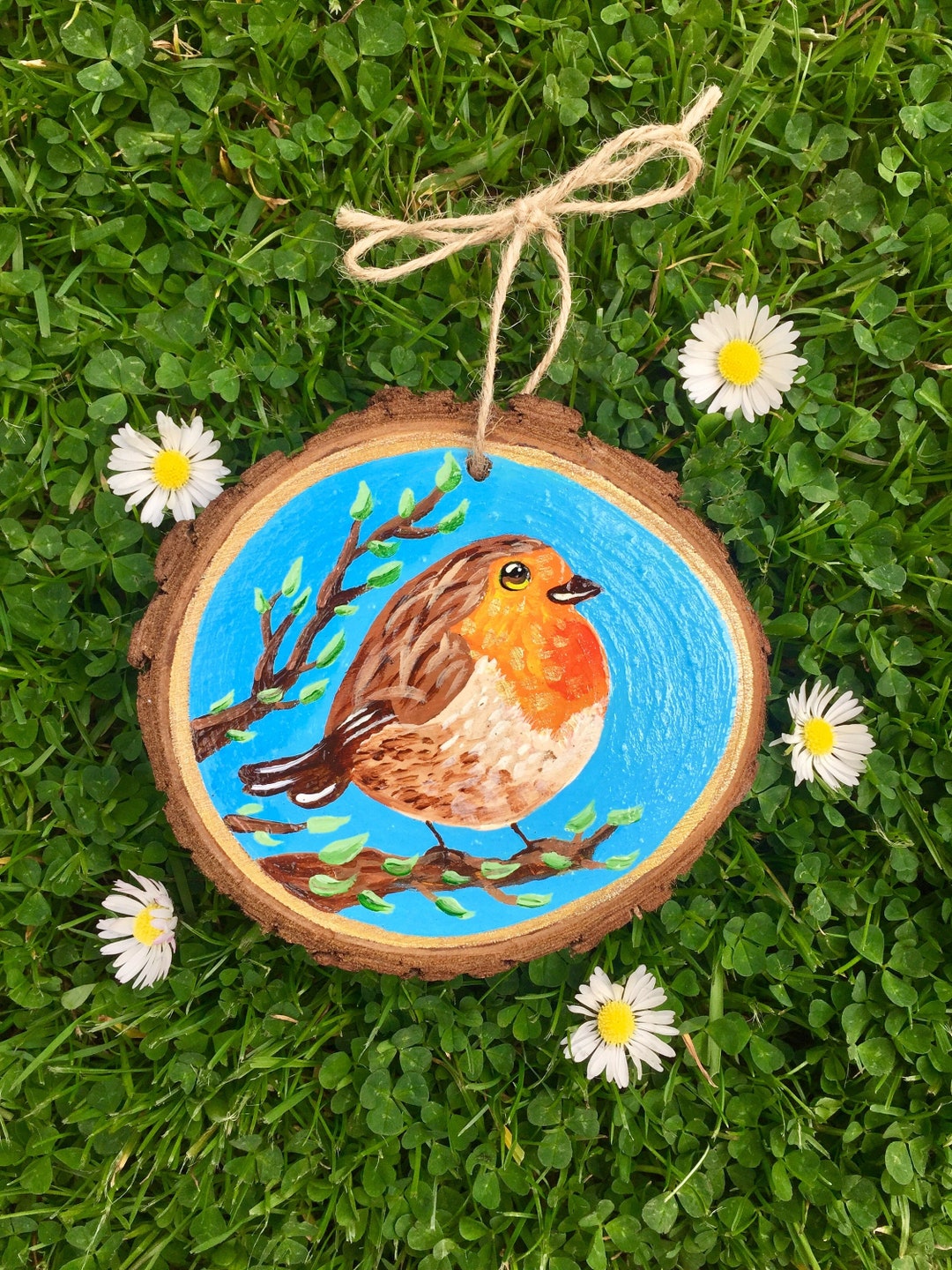 Robin Wood Slice Ornament, Robin Painting, Personalised Wood Slice Art ...