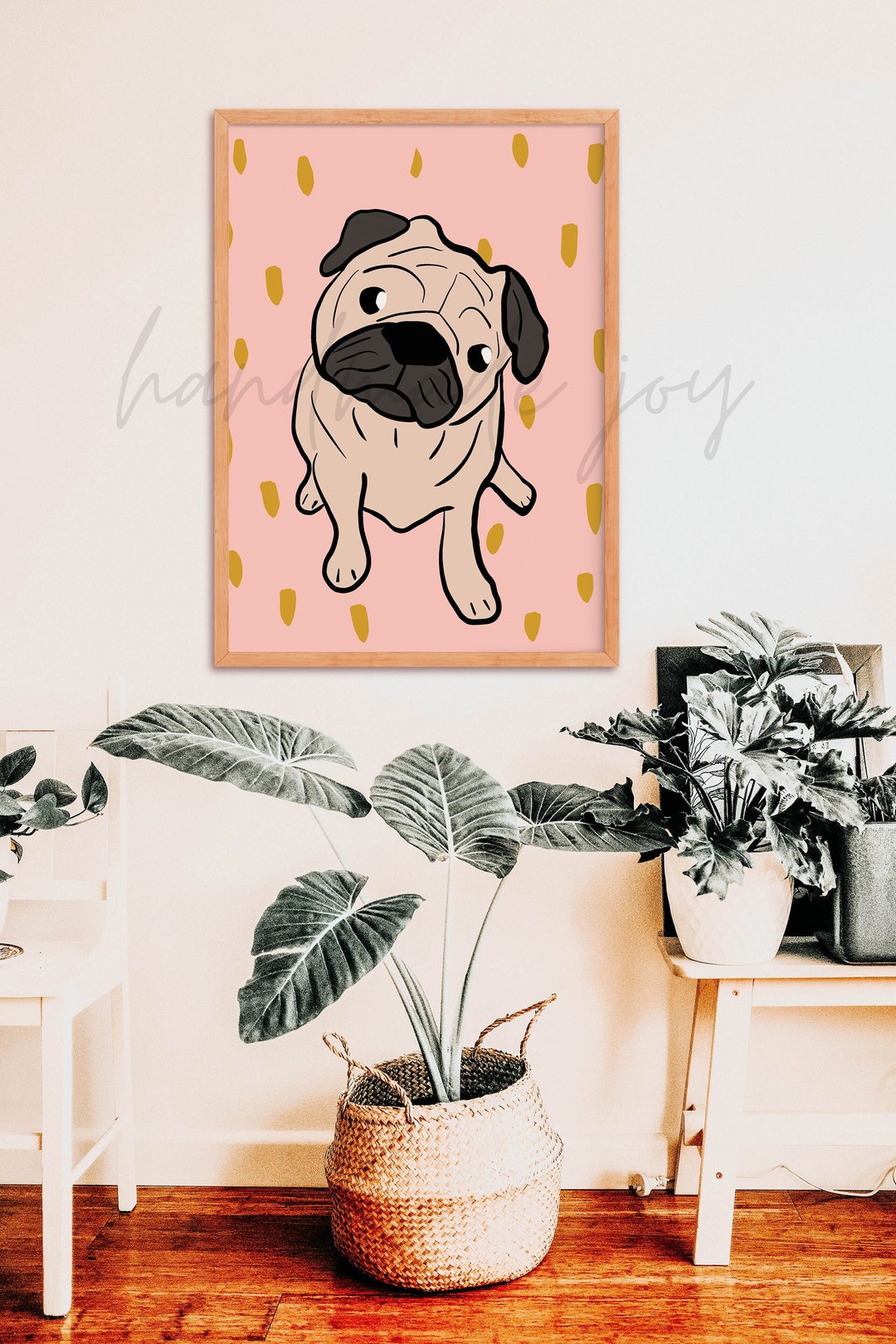Cute Dog Print of Pug, Pug Print, Dog Wall Decor, Pink Pug Room Decor ...