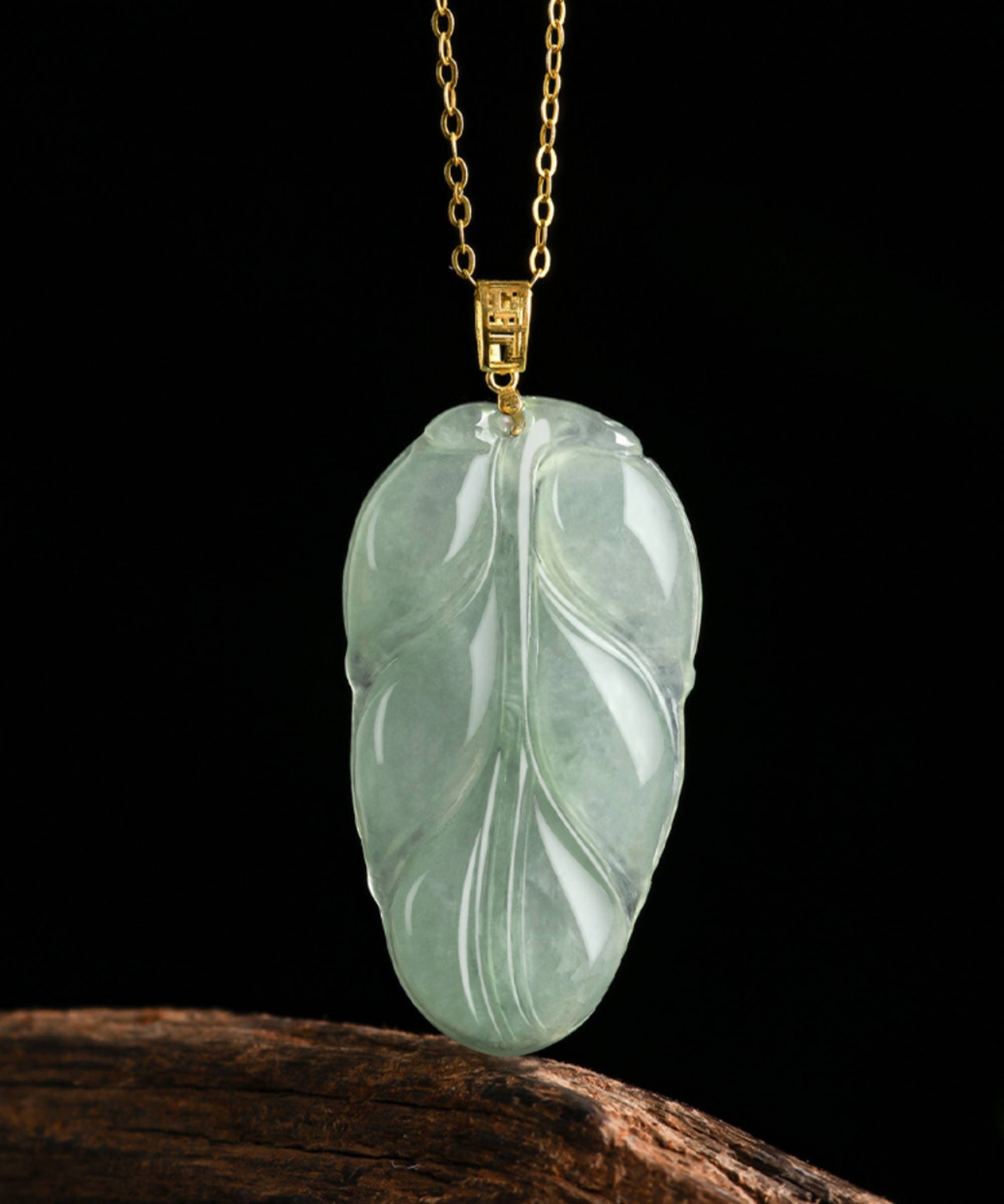 18k Gold Jade Leaf Pendant Necklace Leaf Jewelry Womens Etsy