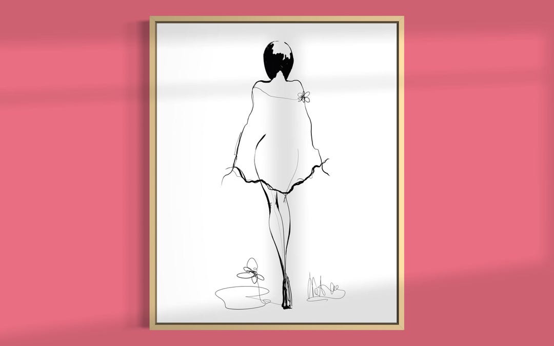 Elegant Back View Fashion Art | Minimal Line Woman Print | Delicate Bow ...