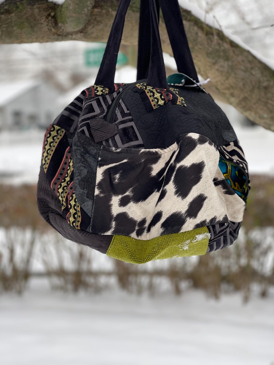 Pouf Bag in Green, Black and White Multi - Etsy
