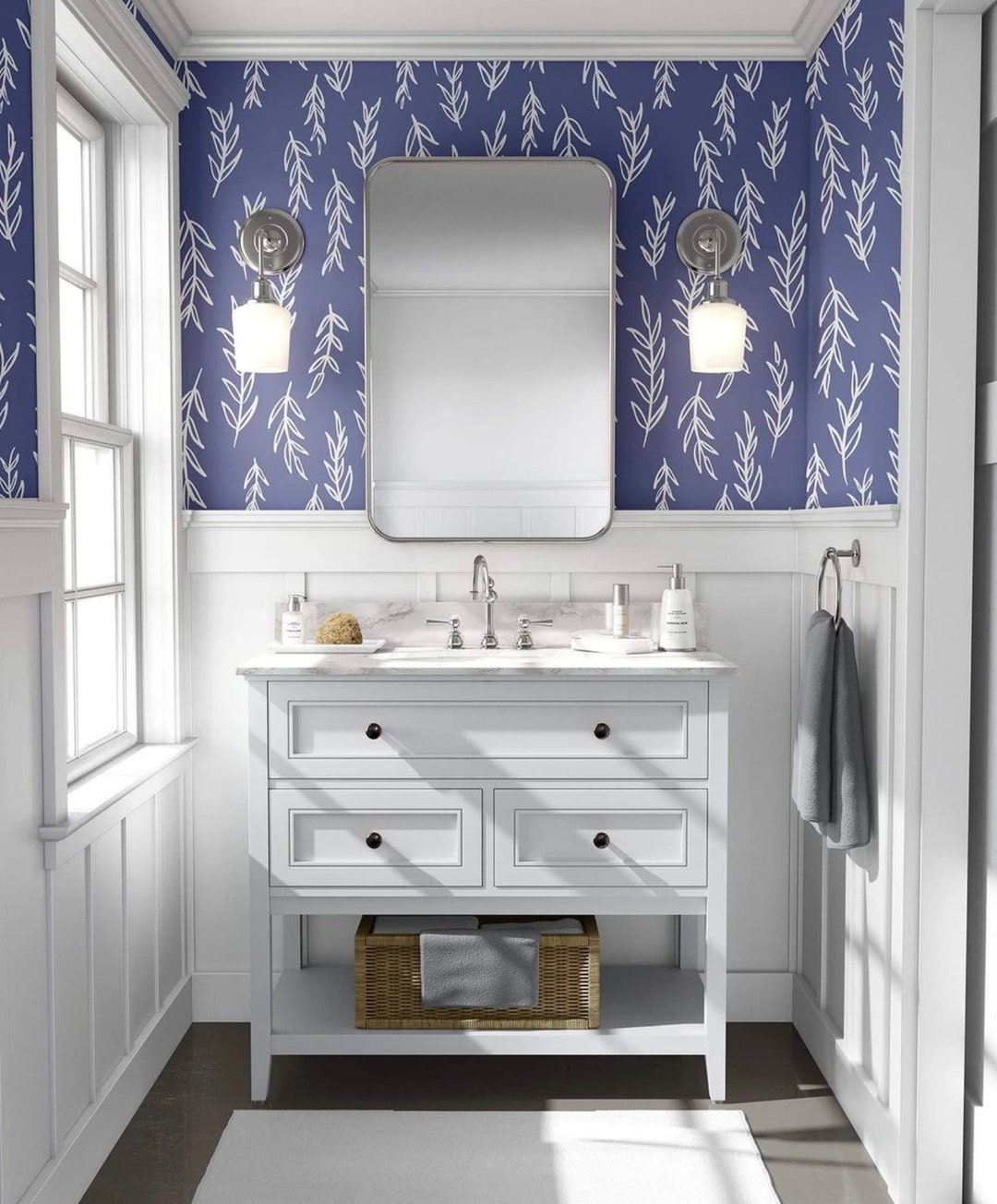 BLUE WALLPAPER, REMOVABLE Wall Paper, Wall Covering, Minimal Leaf in ...