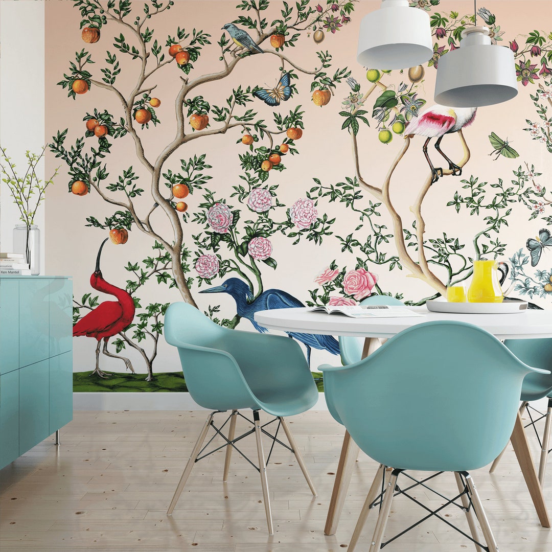 BIRD WALLPAPER, FLORAL Wall Mural, Large Wall Mural, Adhesive Large ...