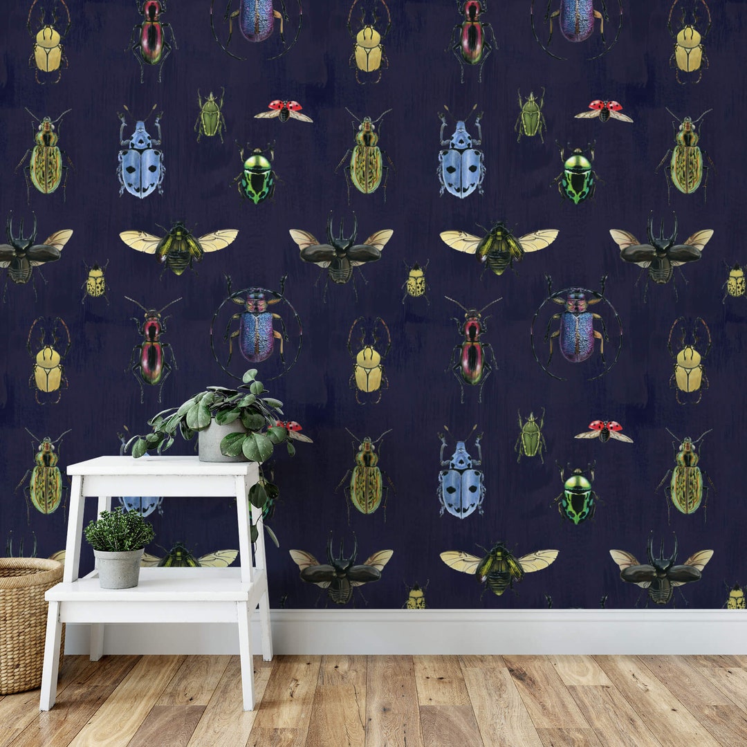 Navy Beetle Wallpaper: Eclectic Insect Mural, Removable Wallpaper - Etsy