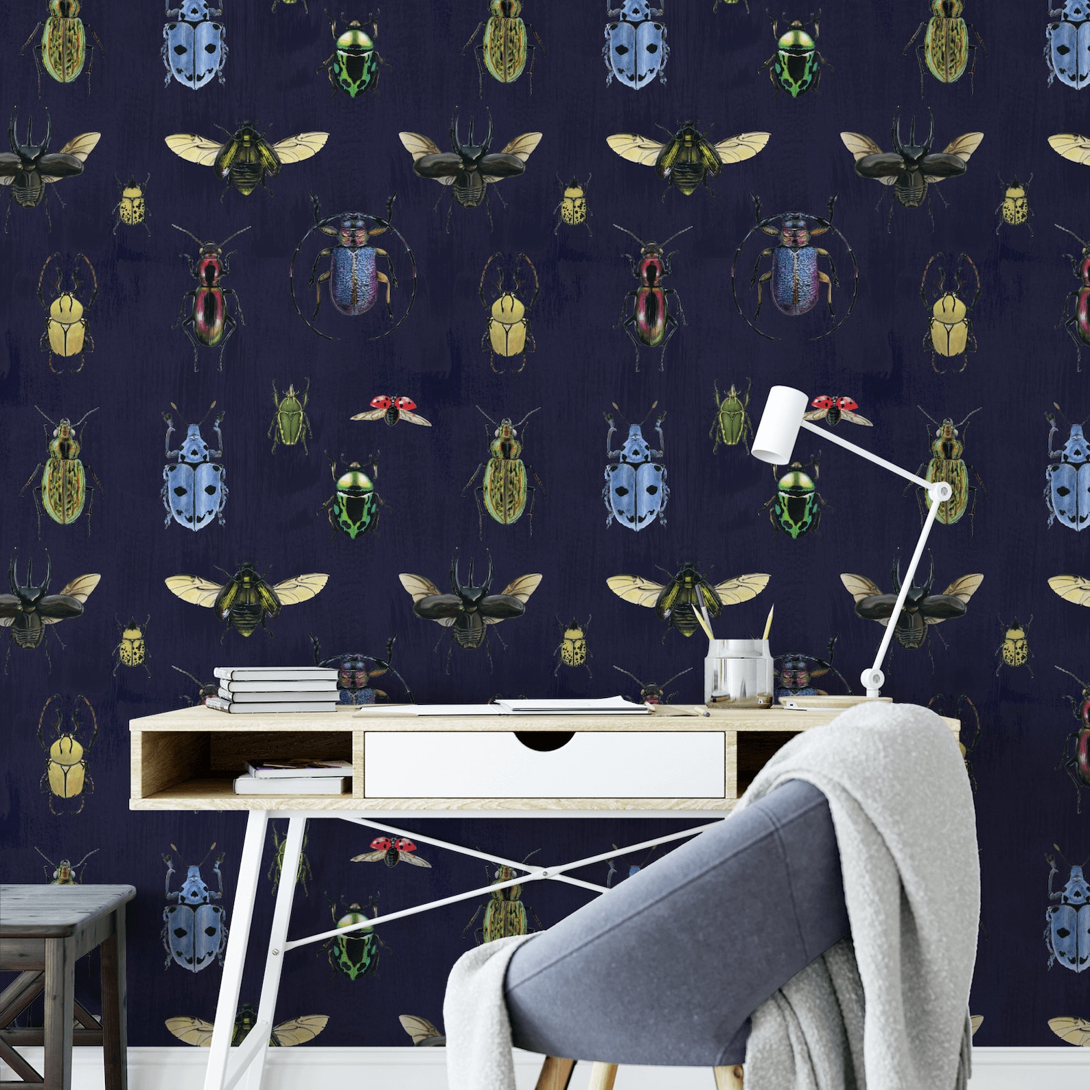 Navy Beetle Wallpaper: Eclectic Insect Mural, Removable Wallpaper - Etsy