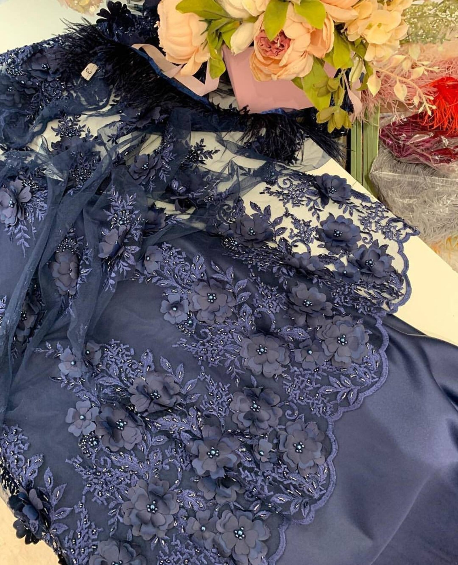 Navy Blue Embroidery Lace Fabric Navy Blue 3d Fabric Lace Navy Blue ...