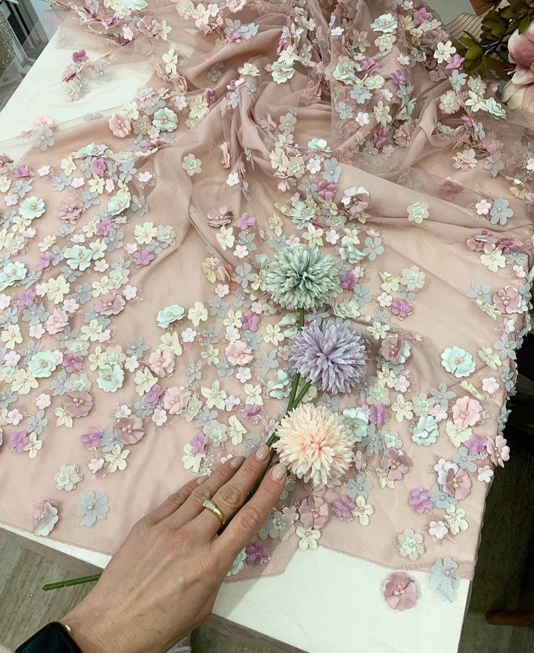 Powder 3D Embroidery Fabric Decorated With Flowers and Pearls Tulle ...