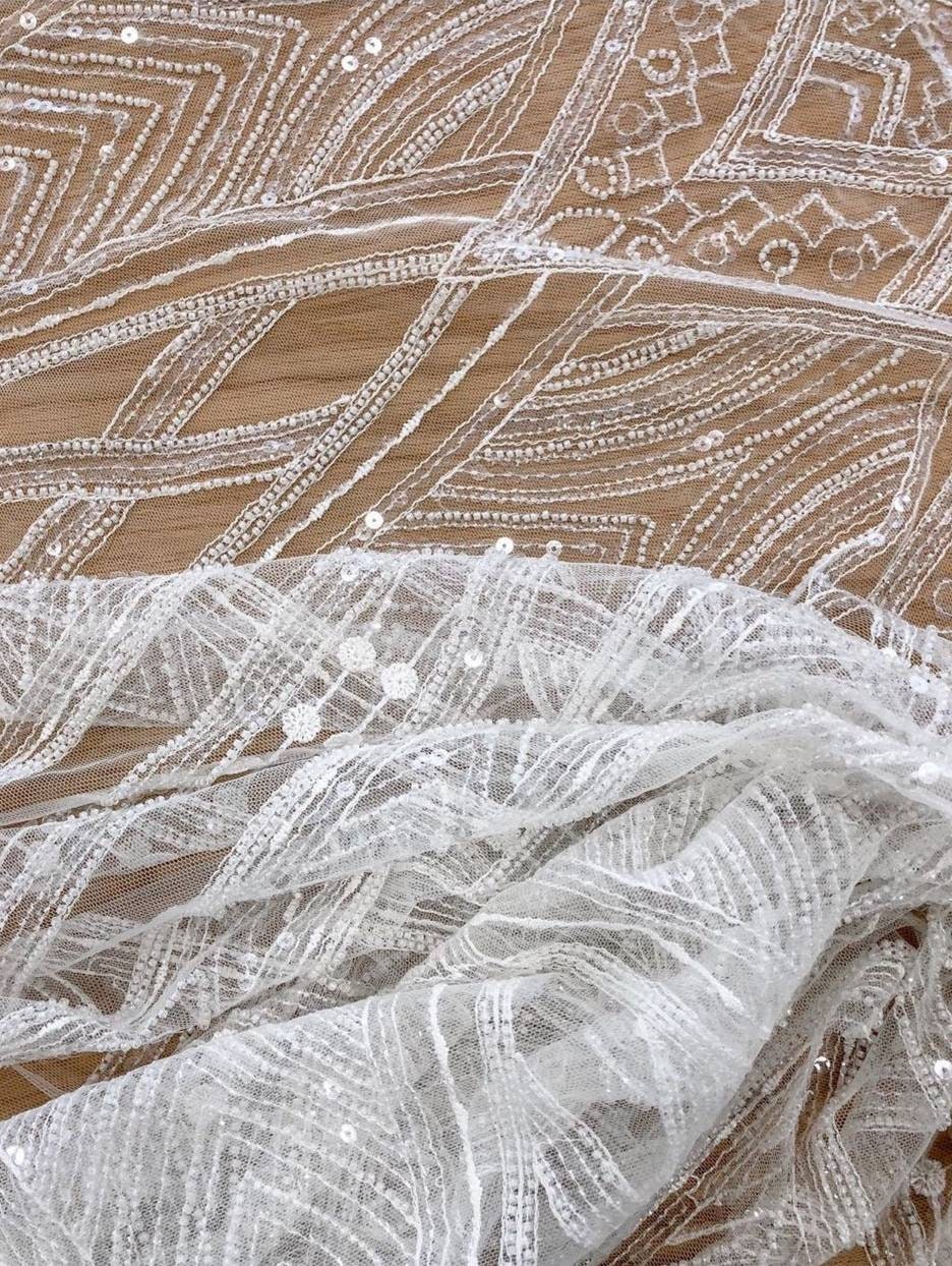 Geometric bridal fabric Ivory Embroidered bridal tulle fabric | Etsy