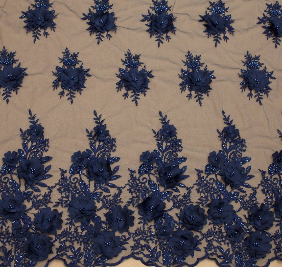 Navy Blue Embroidery Lace Fabric Navy Blue 3d Fabric Lace Navy | Etsy
