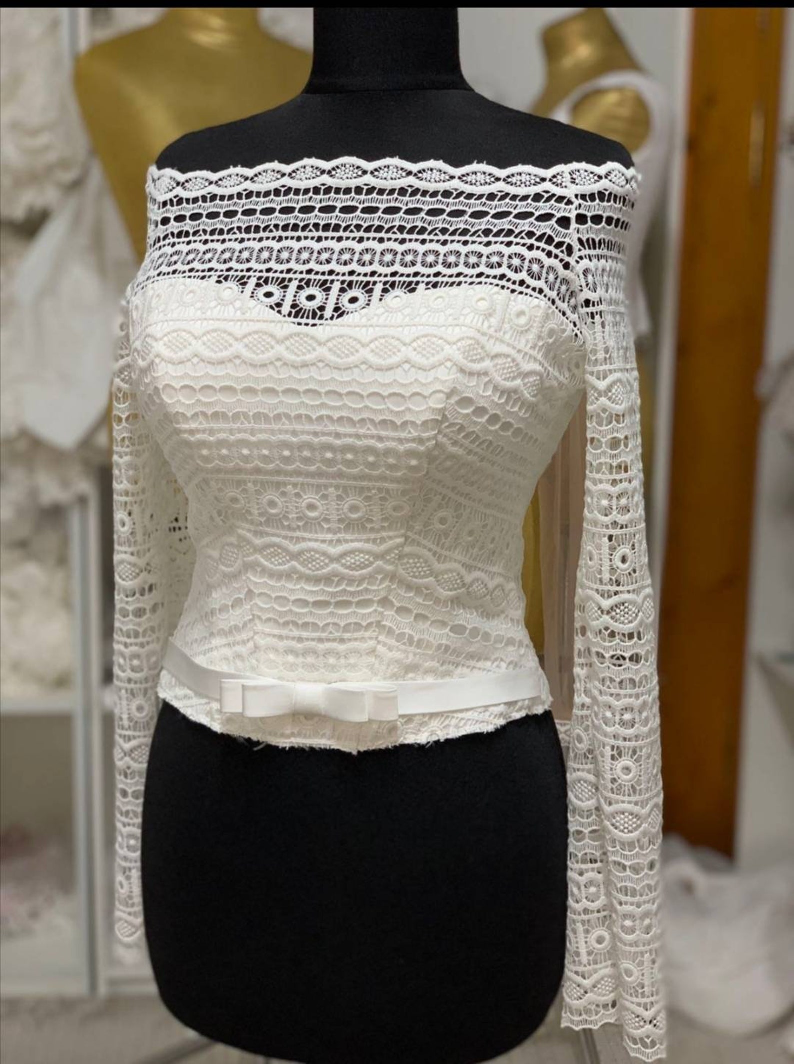 Ivory Bridal Boho Crop Top With Long Sleeves off Shoulder Wedding Gown ...