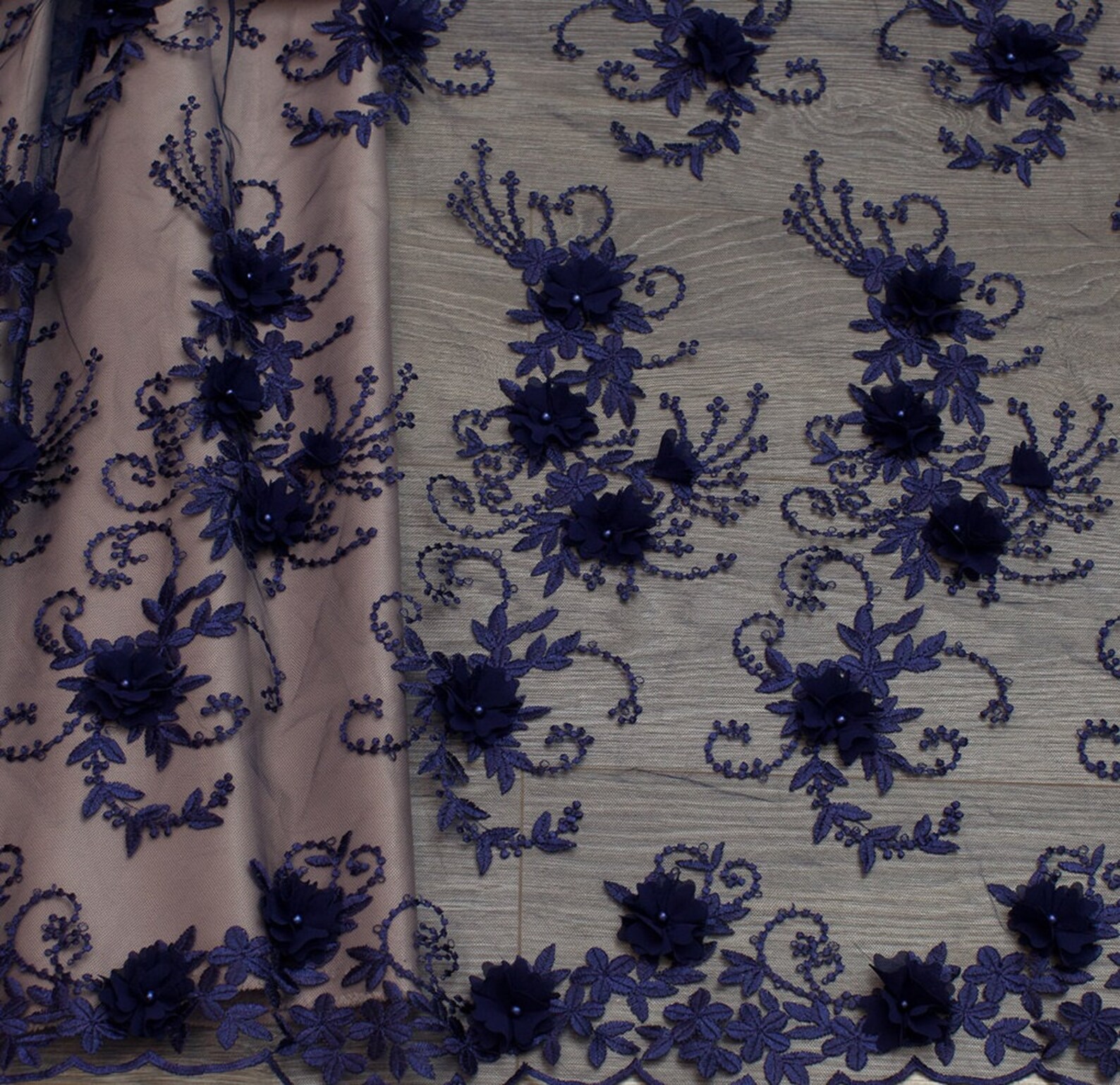 1 Yard/luxury 3D Navy Blue Lace Fabric Hand Made Lace Navy Blue Pearl ...