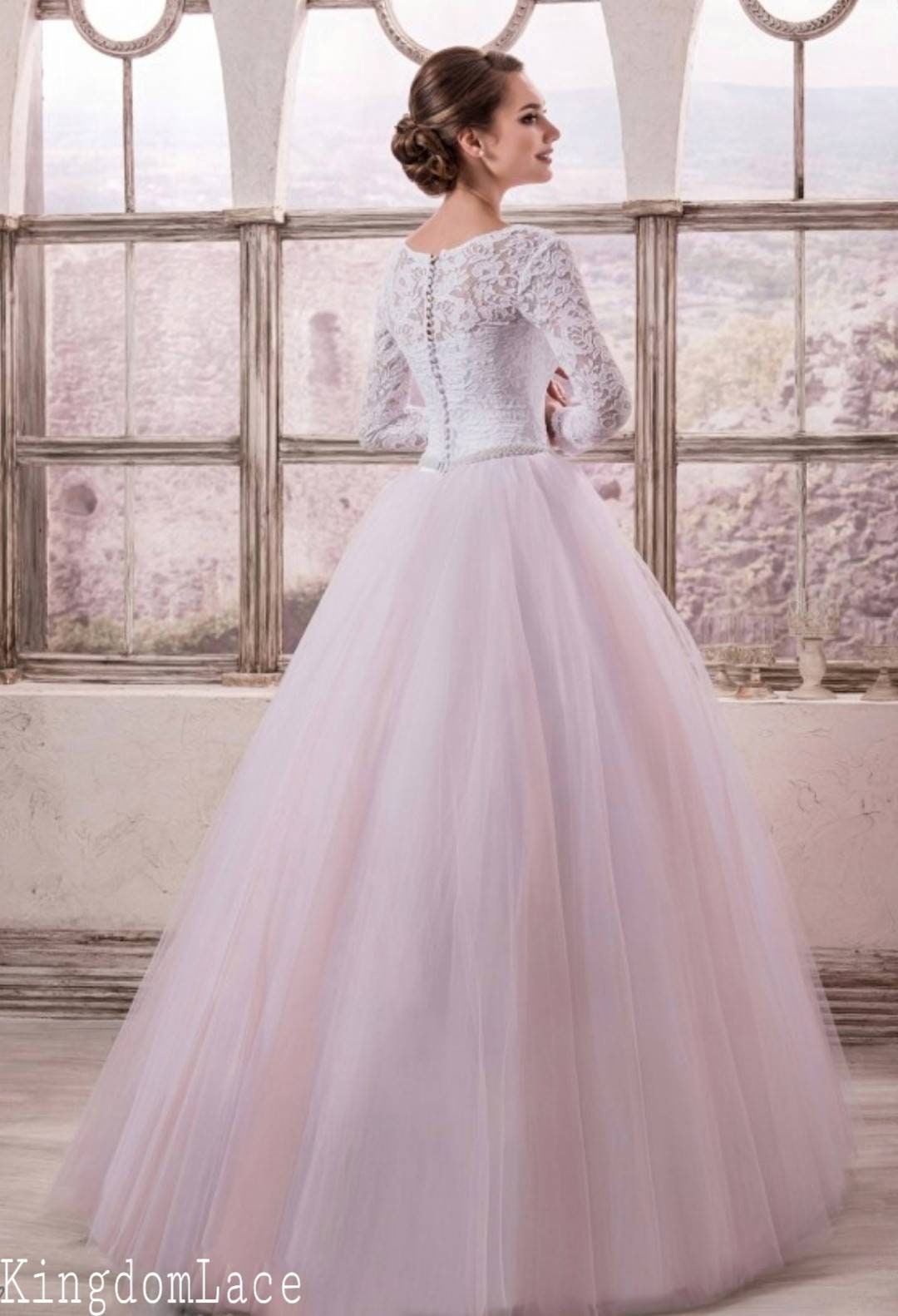 White Lace Wedding Dress With Long Sleeves and Pink Tulle Layers Skirt ...