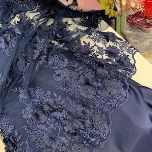 Navy Blue Embroidery Lace Fabric Navy Blue 3d Fabric Lace Navy Blue ...
