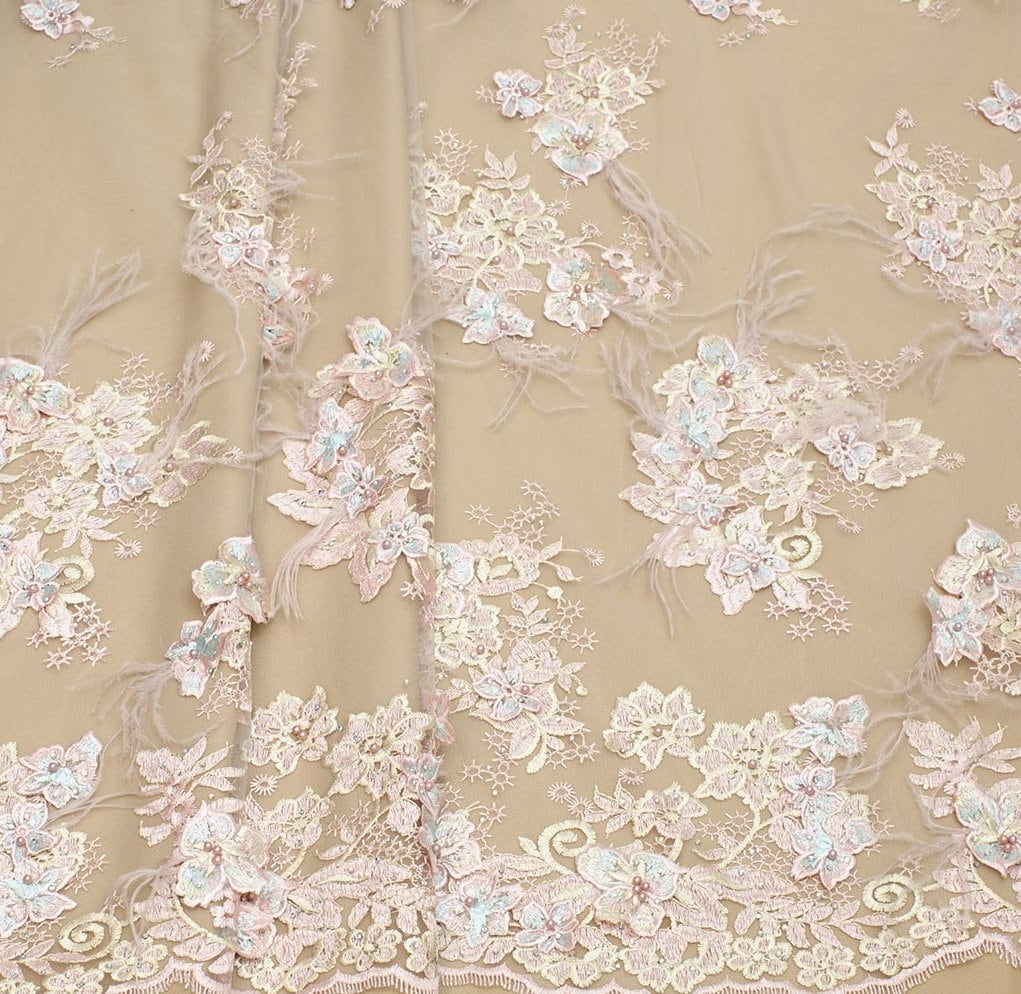 3D Lace With Feathers and Pearls Pink Embroidery Lace Beaded Lace 3D ...