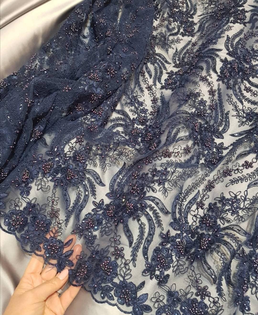 3d Dark Blue Lace Fabric Embroidery Navy Blue Fabric - Etsy