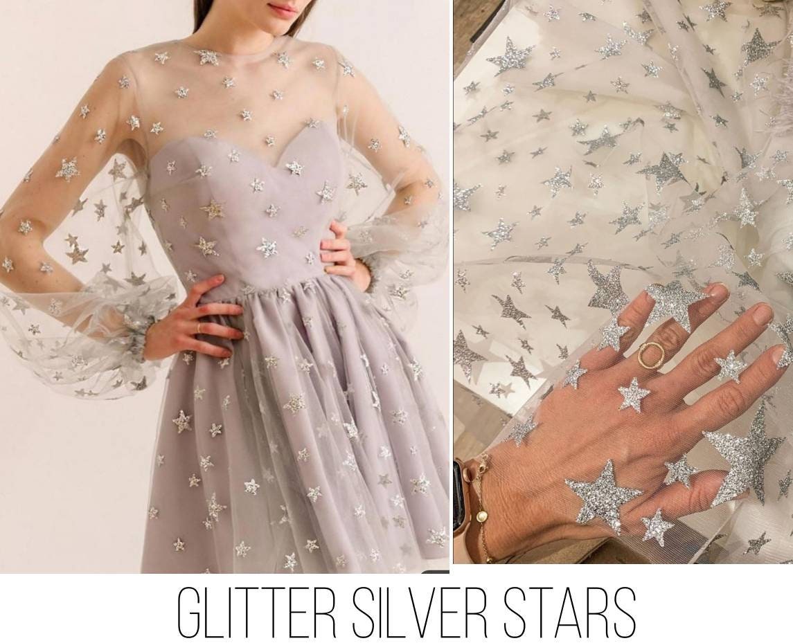 Silver Glitter Stars tulle fabric Sparkle lace | Etsy