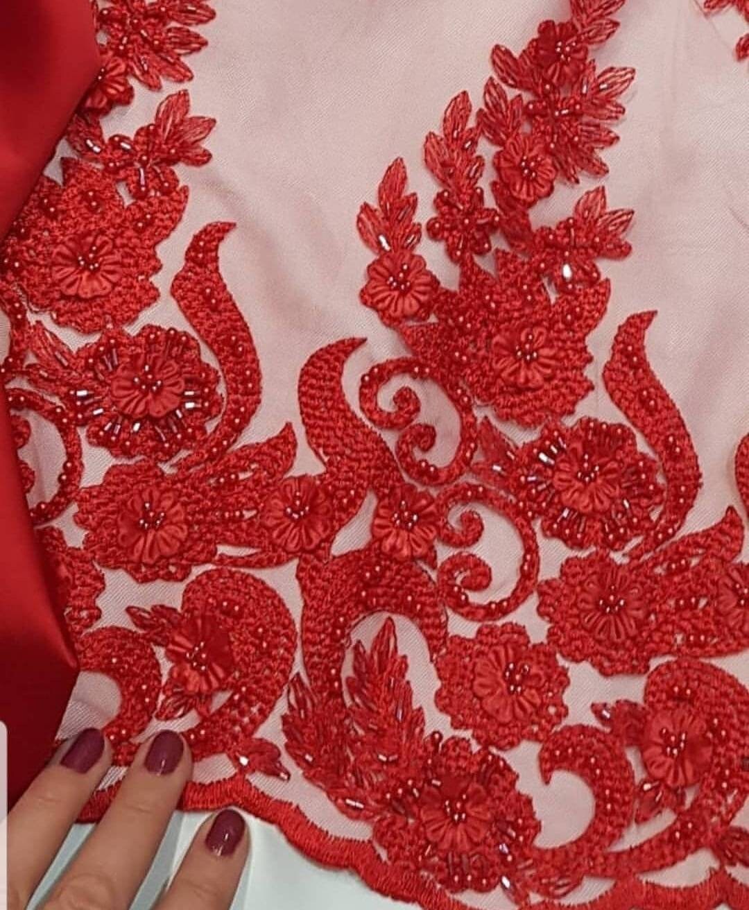 Red 3D fabric lace Handmade 3D lace fabric Luxury pearl by 3D | Etsy