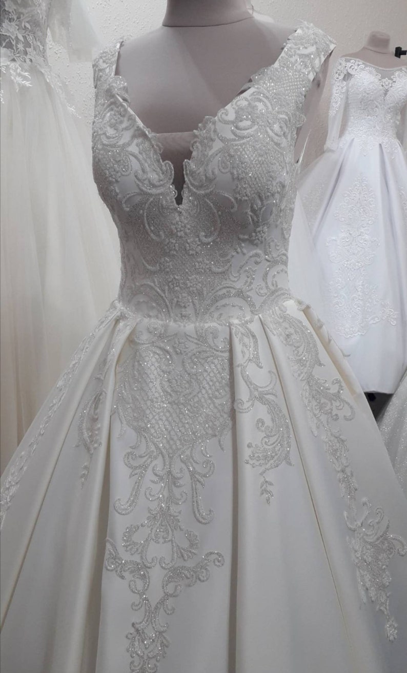 Ivory A Line Satin Wedding Dress With Lace Appliques - Etsy