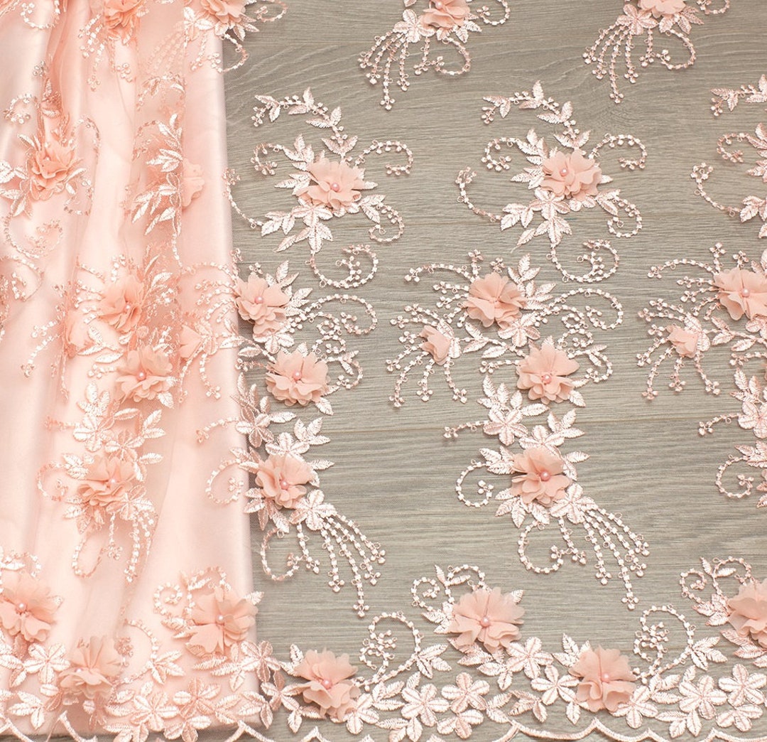 1 Yard/luxury 3D Peach Lace Fabric, Hand Made Lace, Peach Pearl Beads ...