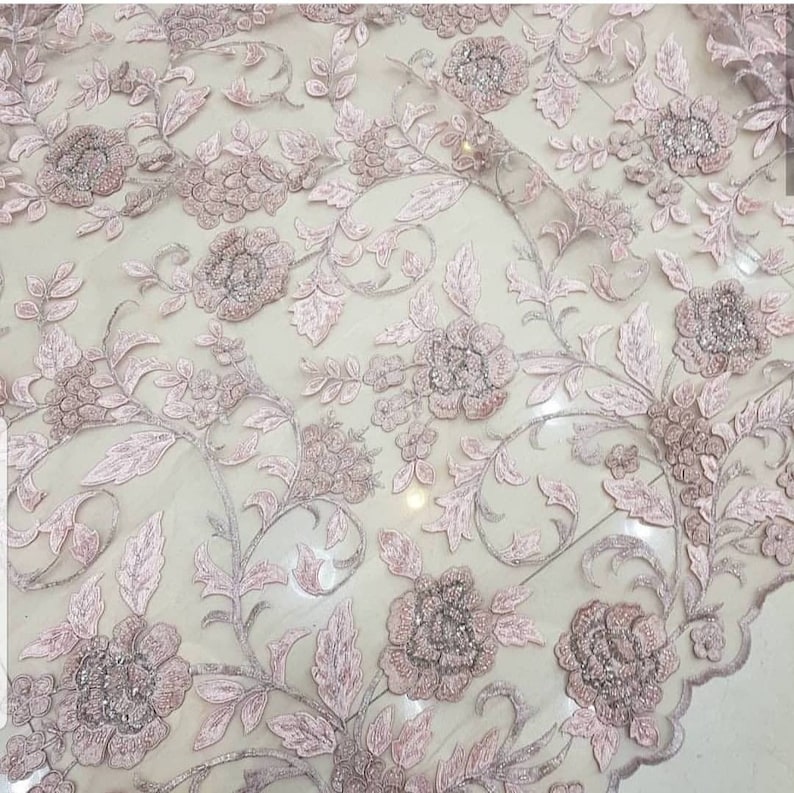 By the Yard Lace Fabric Dusty Rose Embroidered With Sequins | Etsy