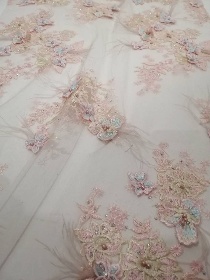 3D Lace With Feathers and Pearls Pink Embroidery Lace Beaded Lace 3D ...