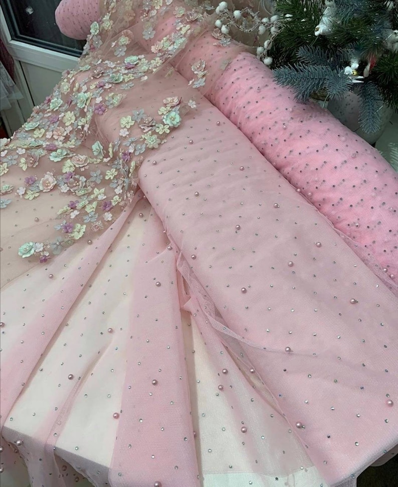 1 Yard Beaded With Rhinestones Lace Fabric 5 Colors 3d Mesh - Etsy