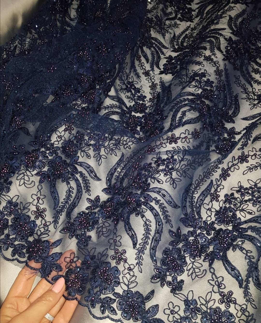 3d dark blue lace fabric Embroidery Navy blue fabric | Etsy