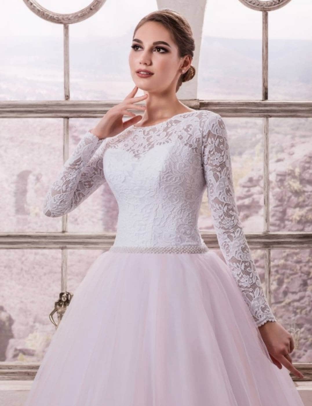 White Lace Wedding Dress With Long Sleeves and Pink Tulle Layers Skirt ...