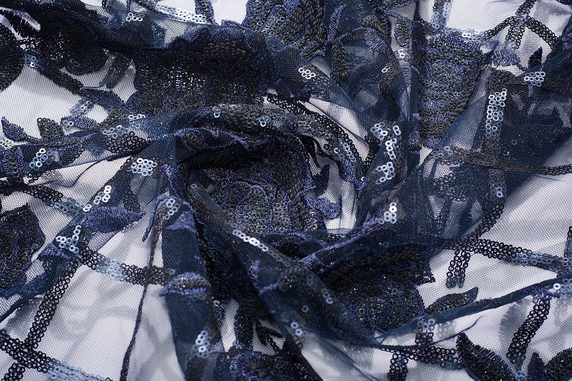 Dark Blue Sequin Lace Fabric Sequins Embroidery Lace Fabric 3d Lace ...