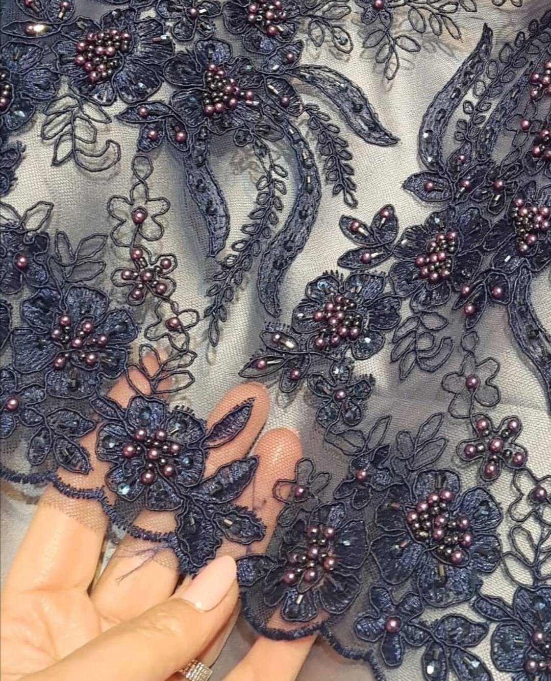 3d dark blue lace fabric Embroidery Navy blue fabric | Etsy
