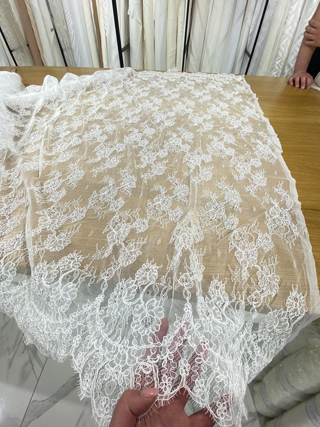 Encaje francés blanco con cordón Tejido blanco Encaje para vestido de ...