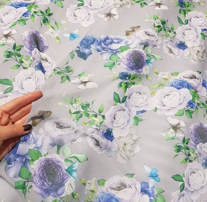 Gray Floral Printed Chiffon Fabric Print Chiffon Flowers on a | Etsy