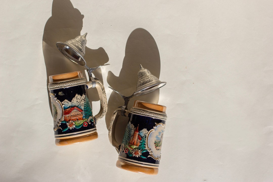 Set of 2 Vintage German Beer Steins With Pewter Lids Depicting the ...