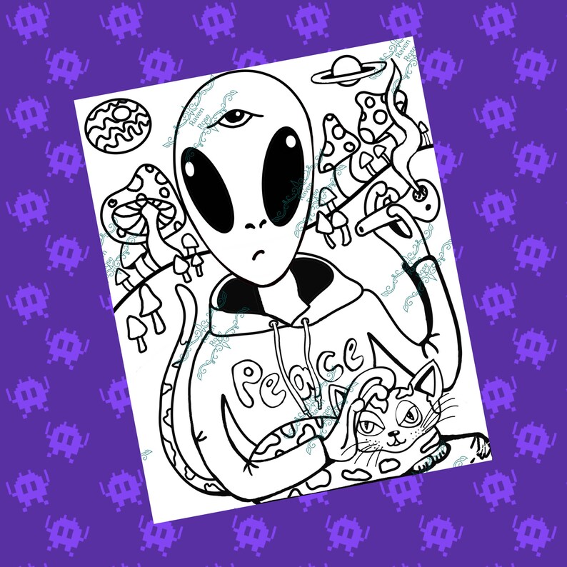 Adult Coloring page Stoner Alien psychedelic trippy 420 | Etsy