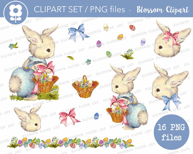 Vintage Bunny Easter Clipart Set PNG Vintage Graphics - Etsy