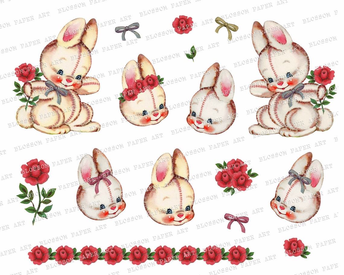 Vintage Bunny Clipart Set Cute Animals Digital Clipart - Etsy UK