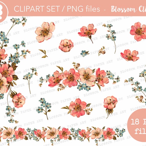 Floral Clipart Set Vintage Blue Flowers PNG Digital Floral - Etsy