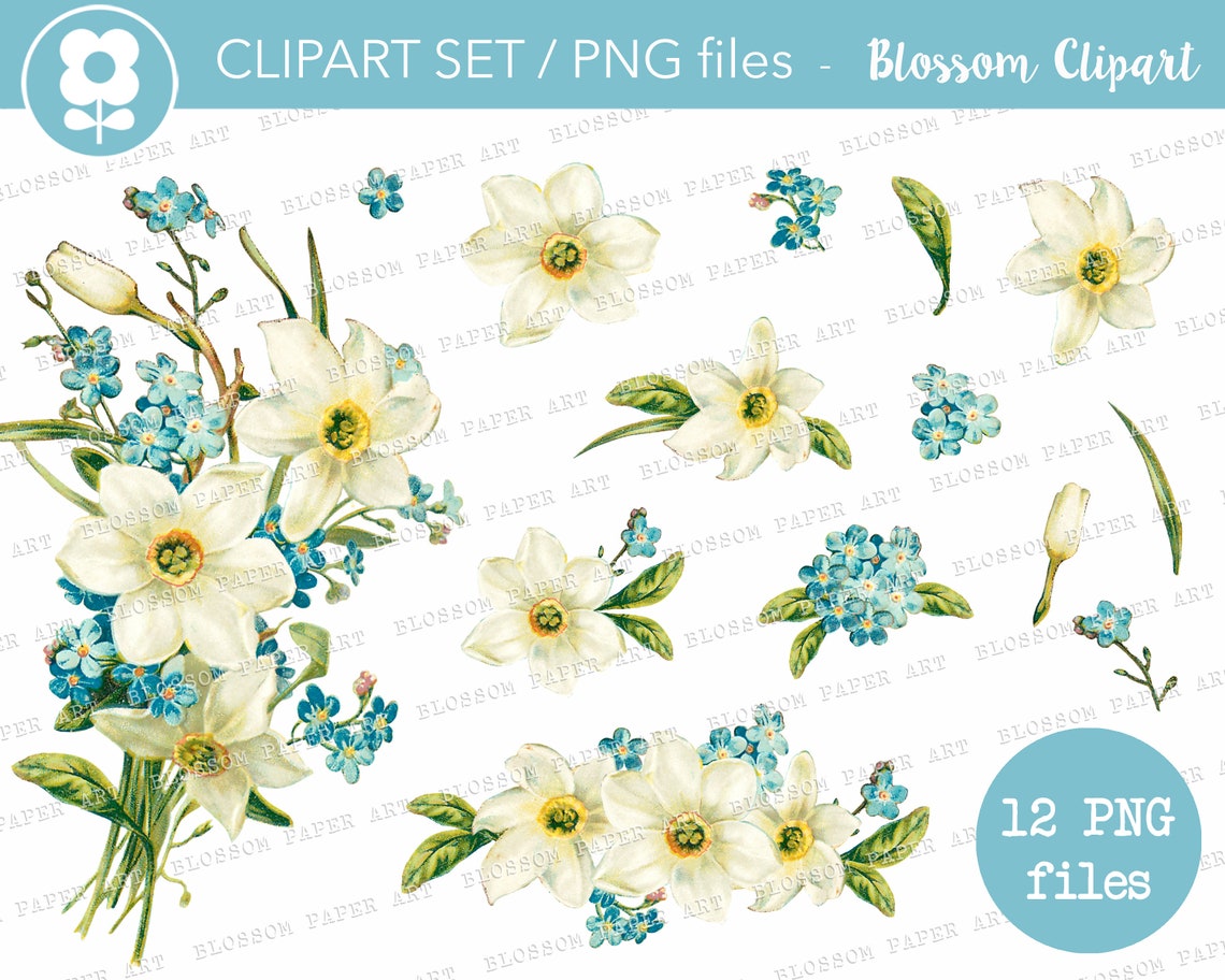 Floral Clipart Set Vintage Blue Flowers PNG Digital Floral - Etsy