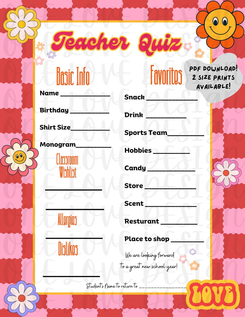 Teacher Quiz | Get to Know Teacher | Back to School - Etsy