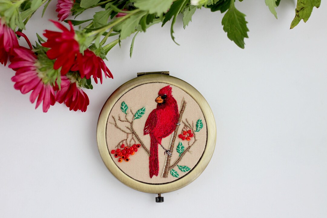 Cardinal Bird Mirror, Embroidered Compact Mirror, Pocket Mirror for ...