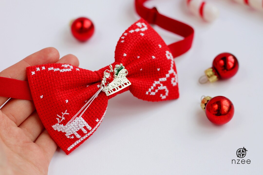 Embroidered Christmas Bow Tie With Santa, Cross Stitch Deer, Handmade ...