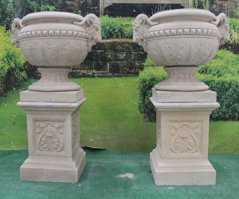 Pair of Rams Head Urns on Plinths - Etsy UK