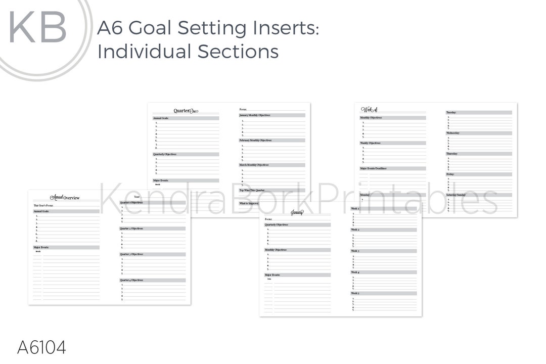 A6 Goal Setting Inserts - Individual Sections - Printable Insert (A6104 ...