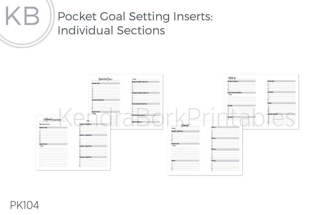 Pocket Goal Setting Inserts - Individual Sections - Printable Insert ...