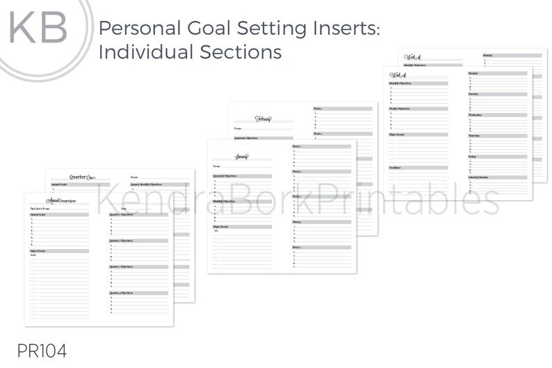 Personal Individual Sections Goal Setting Inserts - Printable Insert ...