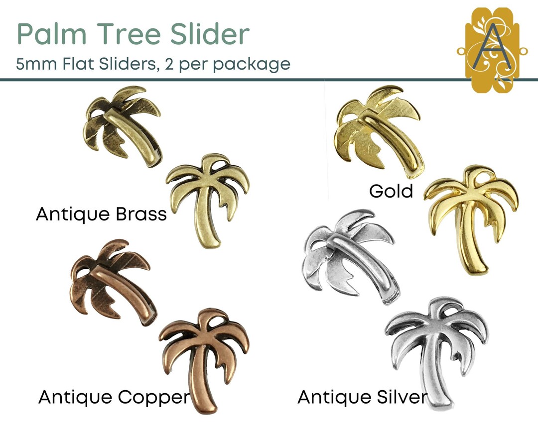 Palm Tree Sliders, 2 Pcs. Slider for 5mm Flat Leather or Cork, 4 ...